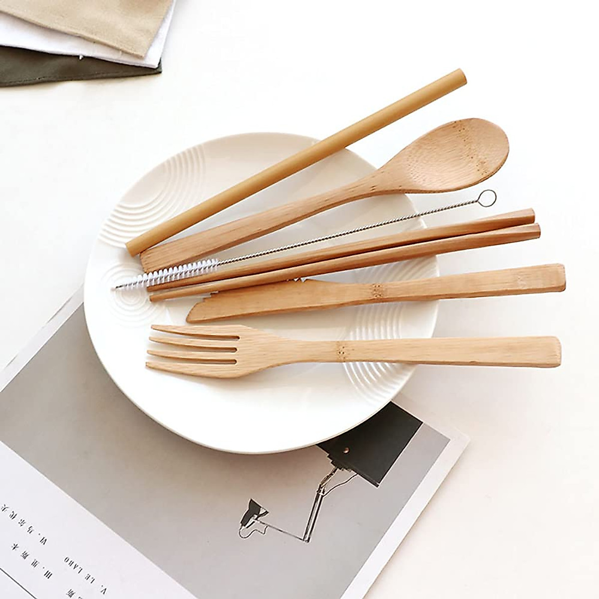 ccHuDE 6 Pcs Bamboo Travel Cutlery Knife Fork Spoon Chopsticks Straw Brush Set Bamboo Utensils Camping Flatware Set