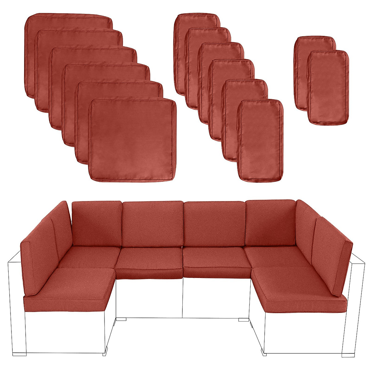 Incbruce 14 Piece Outdoor Patio Cushion Covers Replacement, Outdoor Cushion Slipcovers (6 Seat Covers,4 Back Covers, and 4 Side Covers) with Zipper for Outdoor Furniture, Patio Sofa Couch(Orange)