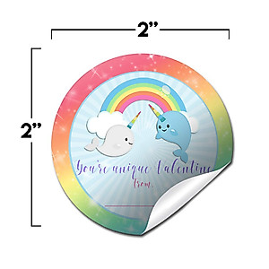 Narwhal Unicorn of The Sea Valentine Party Favor Sticker Labels for Girls, 40 2" Party Circle Stickers by AmandaCreation, Great for Classroom Valentines, Envelope Seals, Gifts & Treats