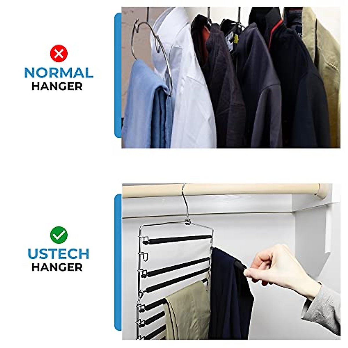 USTECH Metal Space Saving Hangers for Closet Organization | Heavy Duty Foam Padding, Non-Slip & Removable Trouser Bar for Convenient Functionality | Folding Mechanism for Easy Storage | Pack of 2