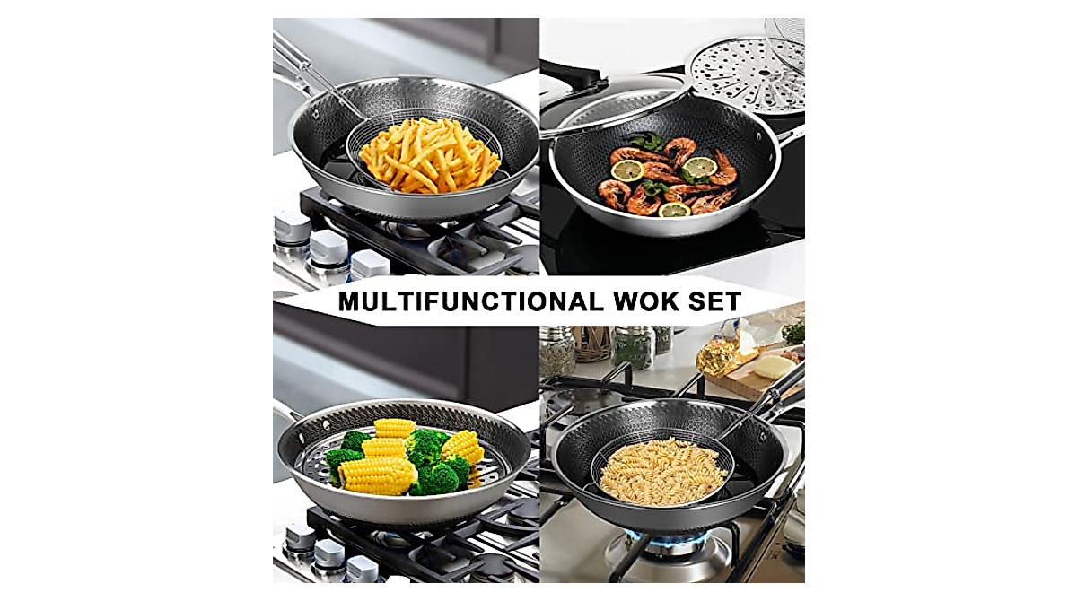 MICHELANGELO Wok Pan with Lid, 12 Inch Stainless Steel Wok Set with ...