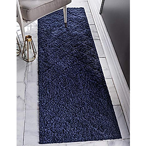 Unique Loom Trellis Shag Collection Plush Geometric Modern Moroccan Lattice Navy Blue Runner Rug (2' 7 x 10' 0)