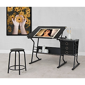 SD Studio Designs 2 Piece Eclipse Ultra Center/Drawing Table with Stool, Angle Adjustable Top, Storage Shelves, and Drawers