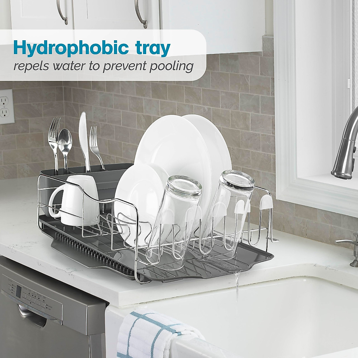 Polder KTH-615 Dish Rack & Tray 4 PC Combo– Advantage System Includes Rack, Drain Tray, Removable Drying Tray & Cutlery Holder – Stainless Steel & Plastic