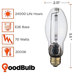 GoodBulb 70-Watt High Pressure Sodium HID Light Bulb | E26 Base ED17 ANSI Code S62 | 2000K Warm White Color | Clear Finish | 24000 Life Hours (Pack of 2 Bulbs)