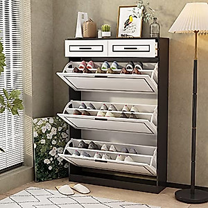 ECACAD Modern Shoe Storage Cabinet with 5 Drawers & Decorative Fronts, Wood 4-Tier Shoe Rack Organizer for Entryway, Bedroom & Hallway, Black & White (35.4”W x 9.3”D x 53.1”H)