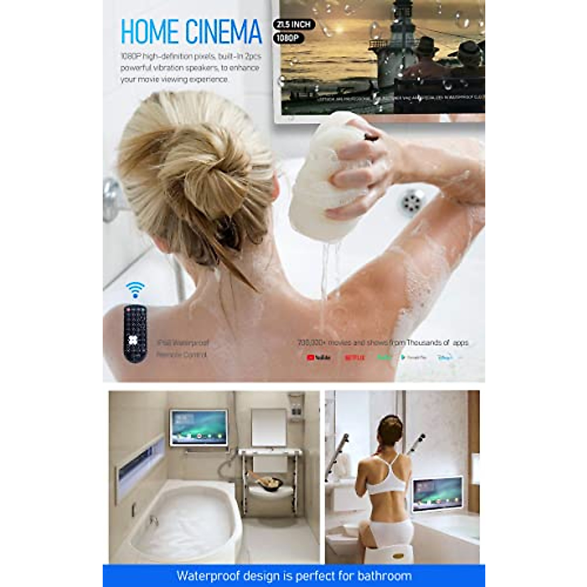 IP66 Waterproof Touch Screen Mirror TV for Bathroom Shower With Swivel Bracket For Wall Mount, Support 360° Rotation 500 nits High Brightness Full HD 1080P LED Built-in Android OS WiFi/LAN/USB/BT/HDMI