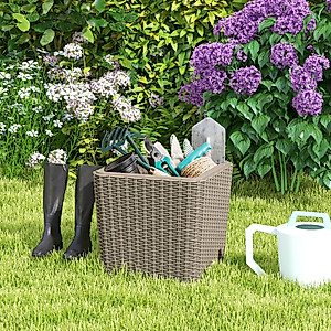 Giantex Small Outdoor Side Table - 11.5 Gallon Deck Box with Removable Lid & Wicker-Woven, Outside Storage Box Waterproof, Resin Rattan Side Table, Outdoor Coffee Table, Patio Storage Box (Brown)