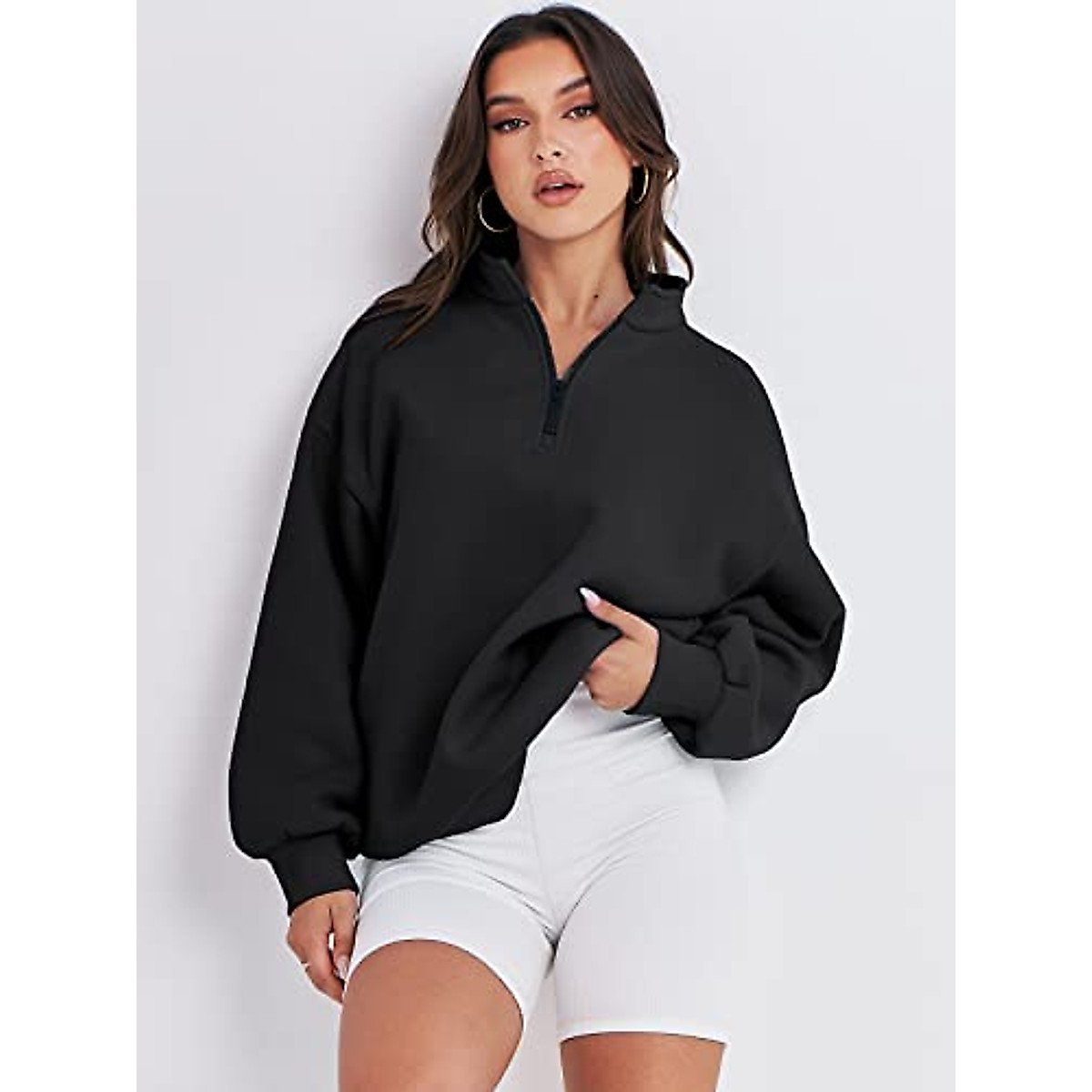 ANRABESS Womens Oversized Hoodies Half Zip Pullover Long Sleeve Sweatshirts Quarter Zip Sweaters Trendy Outfits Teen Girls Fall Lightweight Casual Loose Y2K Tops Clothes 1018heise-XL Black