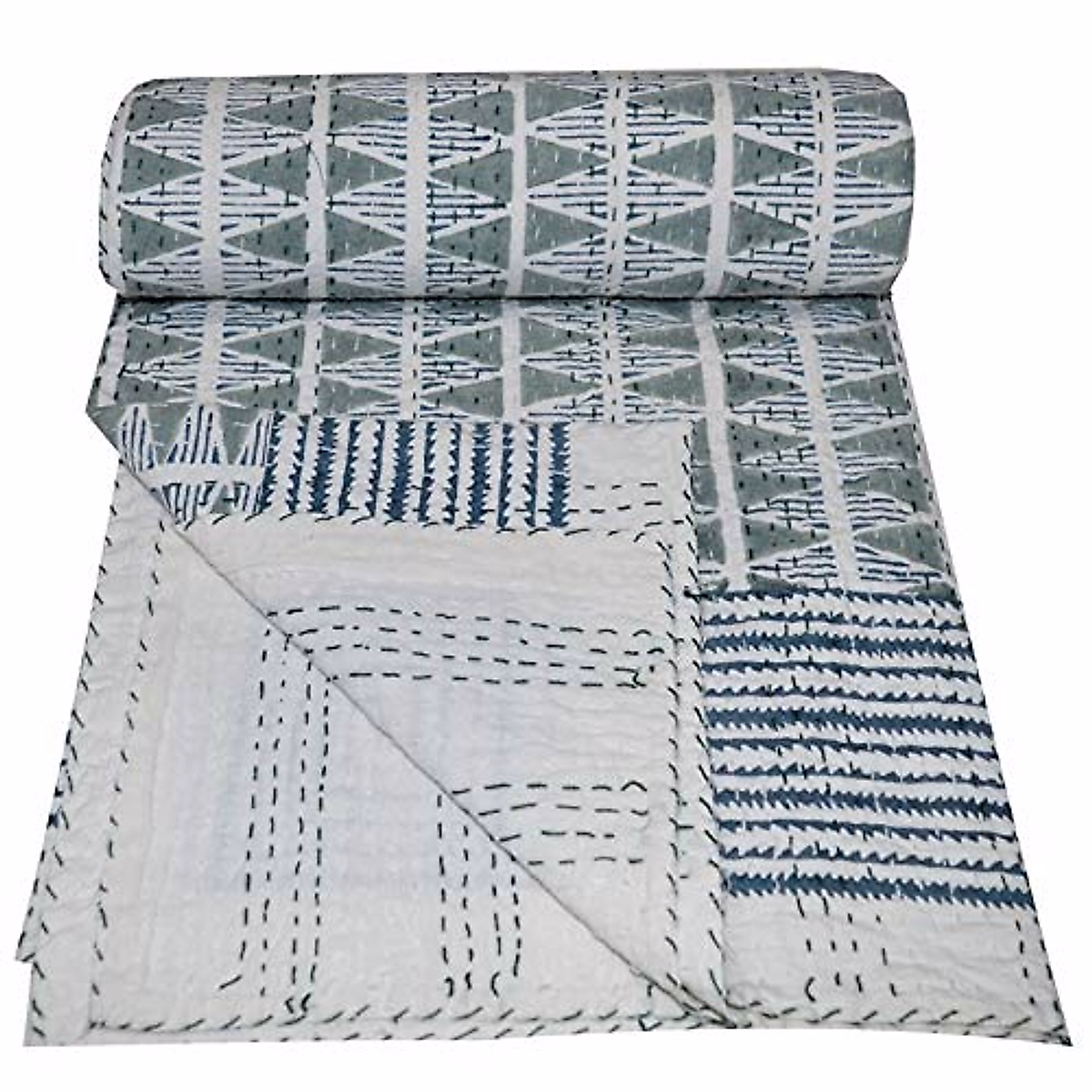 MAVISS HOMES Hand Block Print Kantha Quilt | Queen Size Cotton Quilt | Throw Blanket Bedspread |Vintage Kantha Blanket |Leightweight Cozy Soft Blanket; White and Blue