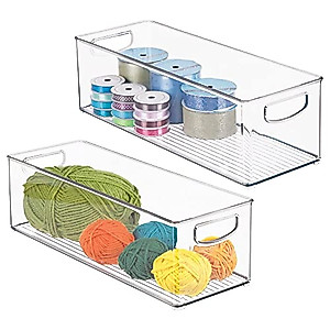 mDesign Plastic Art Supply Basket Storage Container Holder, Long Organizer Bins with Handles - for Home, Kitchen, Pantry Cabinet Organization - Holds Markers, Craft Sets - 2 Pack - Clear