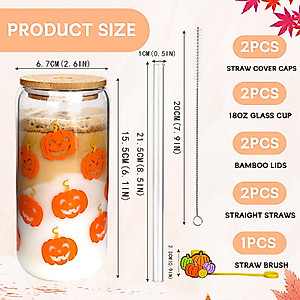 ANOTION Fall Glass Cups with Lids and Straws - Autumn Thanksgiving Halloween Gifts for Women - 2 Pack 18oz Fall Smile Pumpkins Mug, Pumpkin Glass Jar Drinking Glasses Iced Coffee Cup, Halloween Decor
