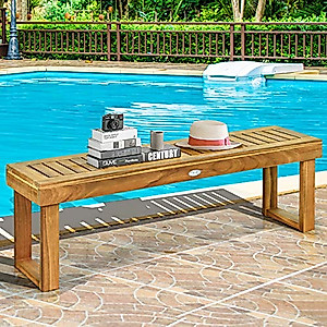 Tangkula 52 Inches Acacia Wood Patio Bench, Wood Dining Bench with Slatted Seat, Patio Backless Bench for Garden Backyard Poolside Balcony, Ideal for Outdoors & Indoors (1, Teak)