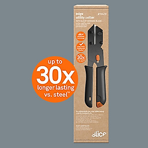 Slice 10479, Edge Cutter, Industrial Grade, Steel Handle, Soft Grips, Ceramic Blade, Finger Friendly, Lasts 11x as Long as Metal, Blade Storage