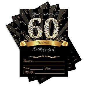JT Studios 60th Birthday Party Invitations 5x7 Black & Gold Cards with Envelopes and Gold Metallic Pen (Pack of 25)