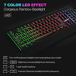NPET K510 Gaming Keyboard, Wired LED Backlit Computer Keyboard with Ergonomic Wrist Rest, 12 Multimedia Keys & 19 Keys Anti-ghosting USB Full Size Rainbow Keyboard for Laptop/Desktop/PC