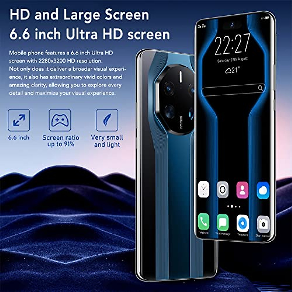 Yunseity 3G Smartphone, Mate50 RS 6.6in Face Unlock Mobile Phone, 4GB RAM 64GB ROM Quad Core, 24MP 32MP Dual Camera, 5000mAh Battery, 2.4G 5G Dual Band WiFi Dual Sim Cell Phone for Android (Black)