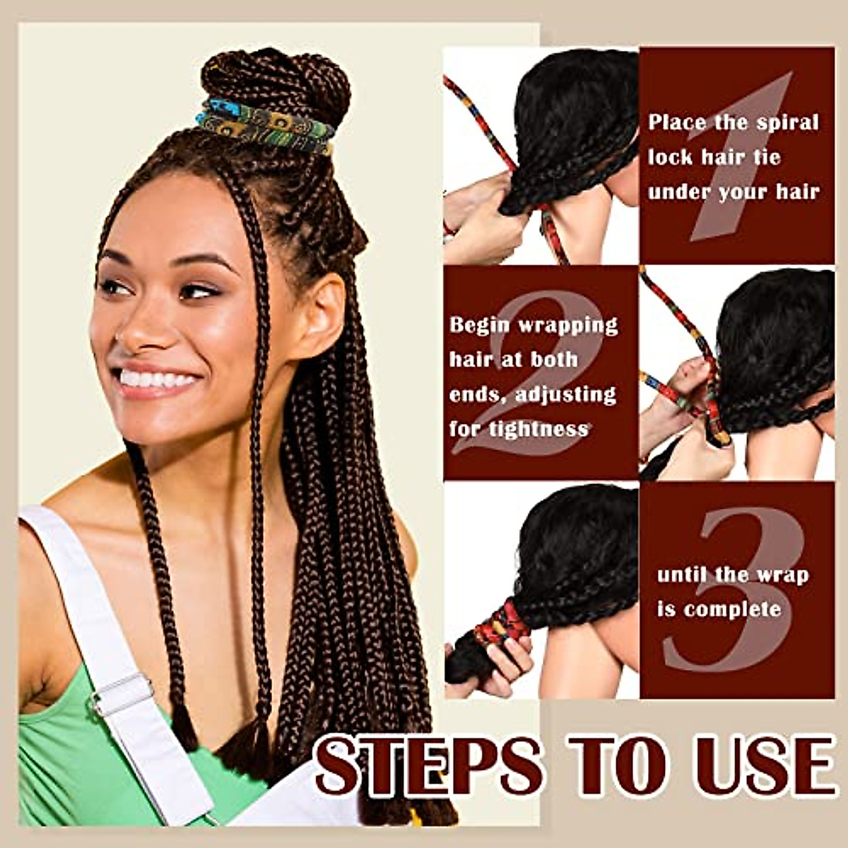 2 Pcs Spiral Lock Hair Tie Dreadlock Accessories Iron Wire Embedded Ponytail Holders Colorful Bohemian Style Loc Hair Accessories Bendable Long Dread Bands for Women Men Thick Curly Hair with 2 Bags