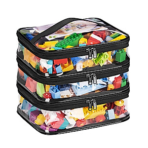 MISSLO 3-Layer Storage Organizer with 3 Manual Pockets Clear Storage Bag for Puzzles, Bricks, Building Blocks, Crafts (Black)