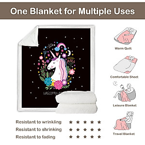 Sleepwish Cute Plush Unicorn Soft Blanket Girls Cartoon Unicorn with Flowers Fleece Blanket Black Sherpa Blanket Unicorn Gifts for Kids Adults Women,Baby(30"x40")