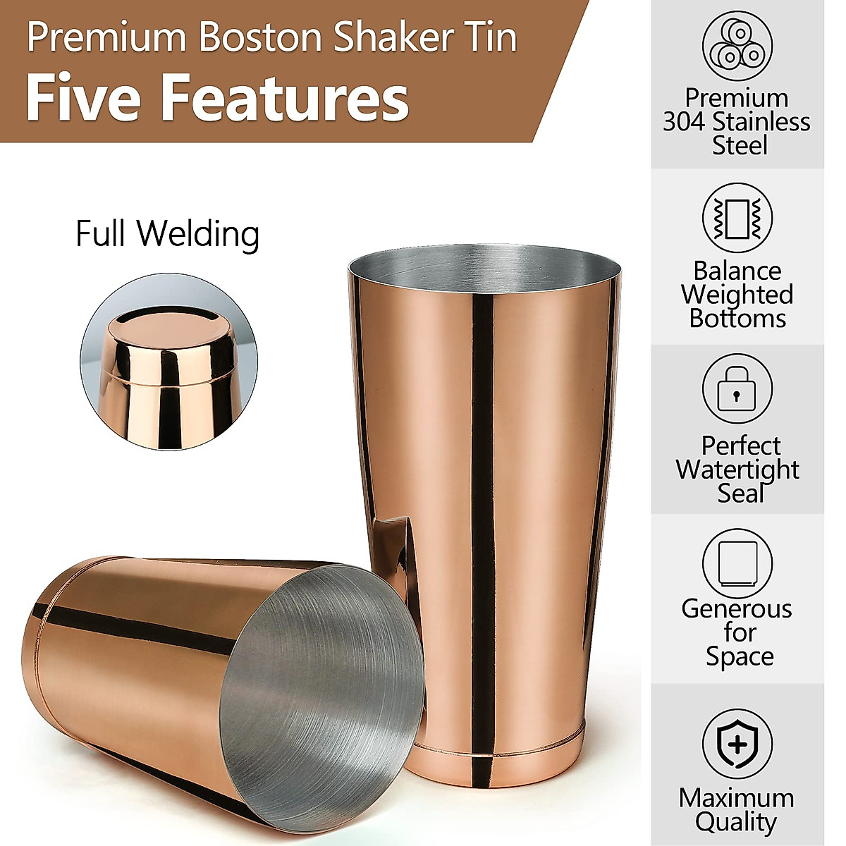 Stainless Steel Boston Shaker - 2-Piece 18oz & 28oz Professional Bartender Cocktail Shaker Bartender Shaker Kit - CTSK0013 (Copper)
