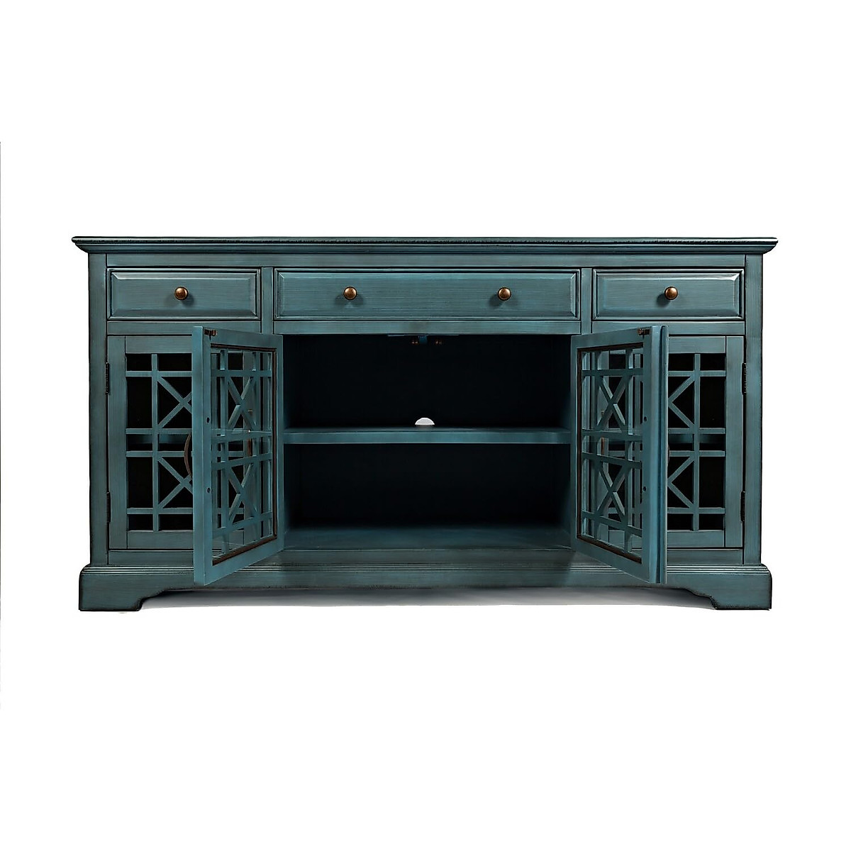 Benjara Koi 60 Inch Acacia TV Media Entertainment Center Console, 4 Glass Doors, Crossed Wood Design, Antique Blue, 60-Inch