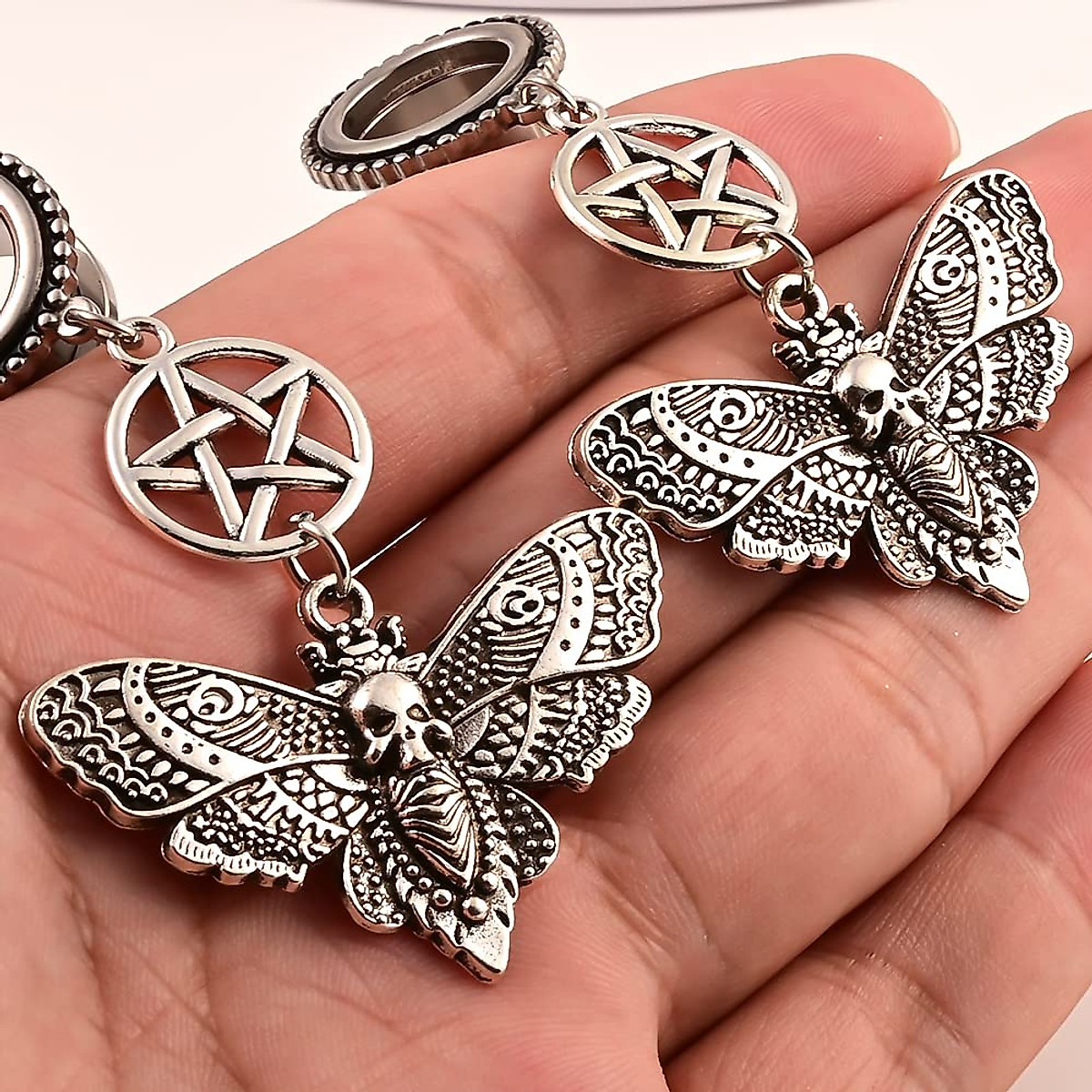 Atomhole 2 PCS Ear Gauges Cool Butterfly Dangle Hypoallergenic Stainless Steel Dangle Ear Plugs Tunnels Gauges Stretcher Pair Selling 2g 0g Piercing Body Jewelry (8mm(0G), Silver)