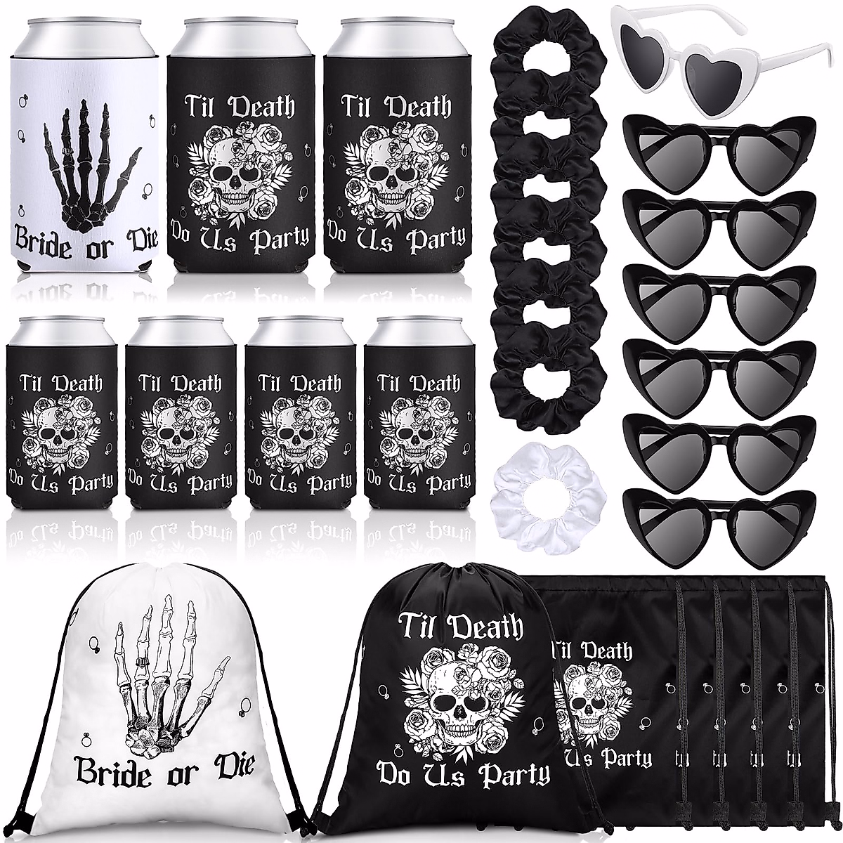 Silkfly 28 Pcs Bride or Die Bachelorette Party Decor Till Death Do Us Party Gifts Bridesmaid Scrunchies Sunglasses Beer Can Cooler Sleeves Drawstring Backpack for Wedding Bridesmaid Proposal Gift