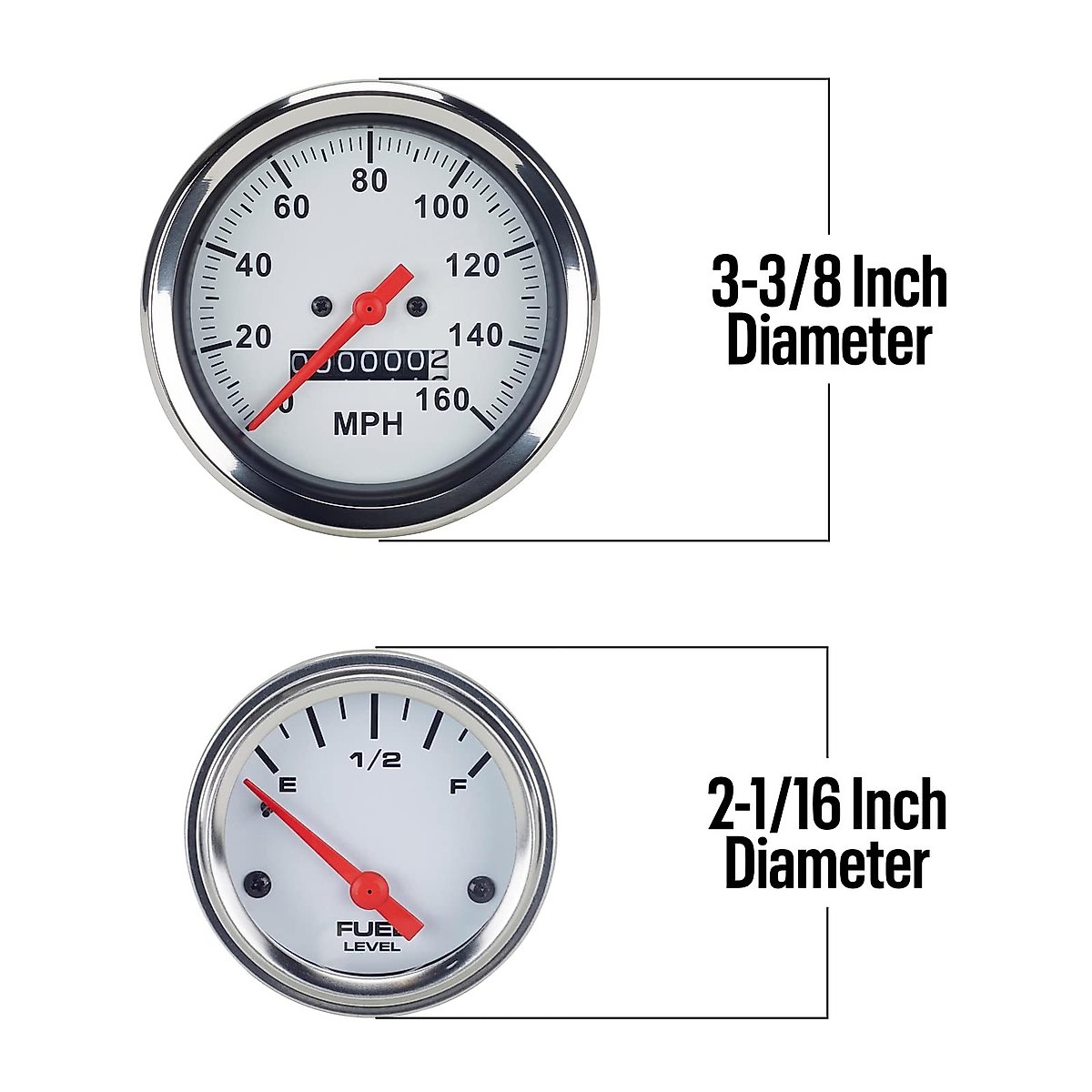 5-Gauge Set Complete Kit: 3-3/8" Mechanical Speedometer, 2-1/16" Component Gauges with White Face, Red Pointer & Chrome Bezel, Includes Tubing, Adapters, Fuel Level Sender