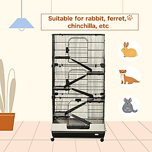 PawHut 59.5" Small Animal Cage with Wheels, 6-Level Portable Bunny Cage, Chinchilla Ferret Cage with Removable Tray, Platform and Ramp