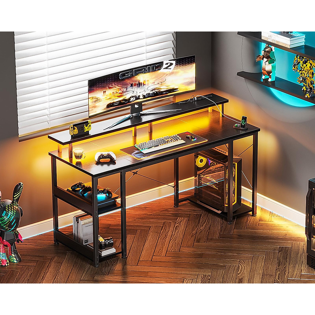 ODK 55 inch Gaming Desk with LED Lights & Power Outlets, Computer Desk with Monitor Stand & Storage Sheves, CPU Stand, Home Office Desk, Black