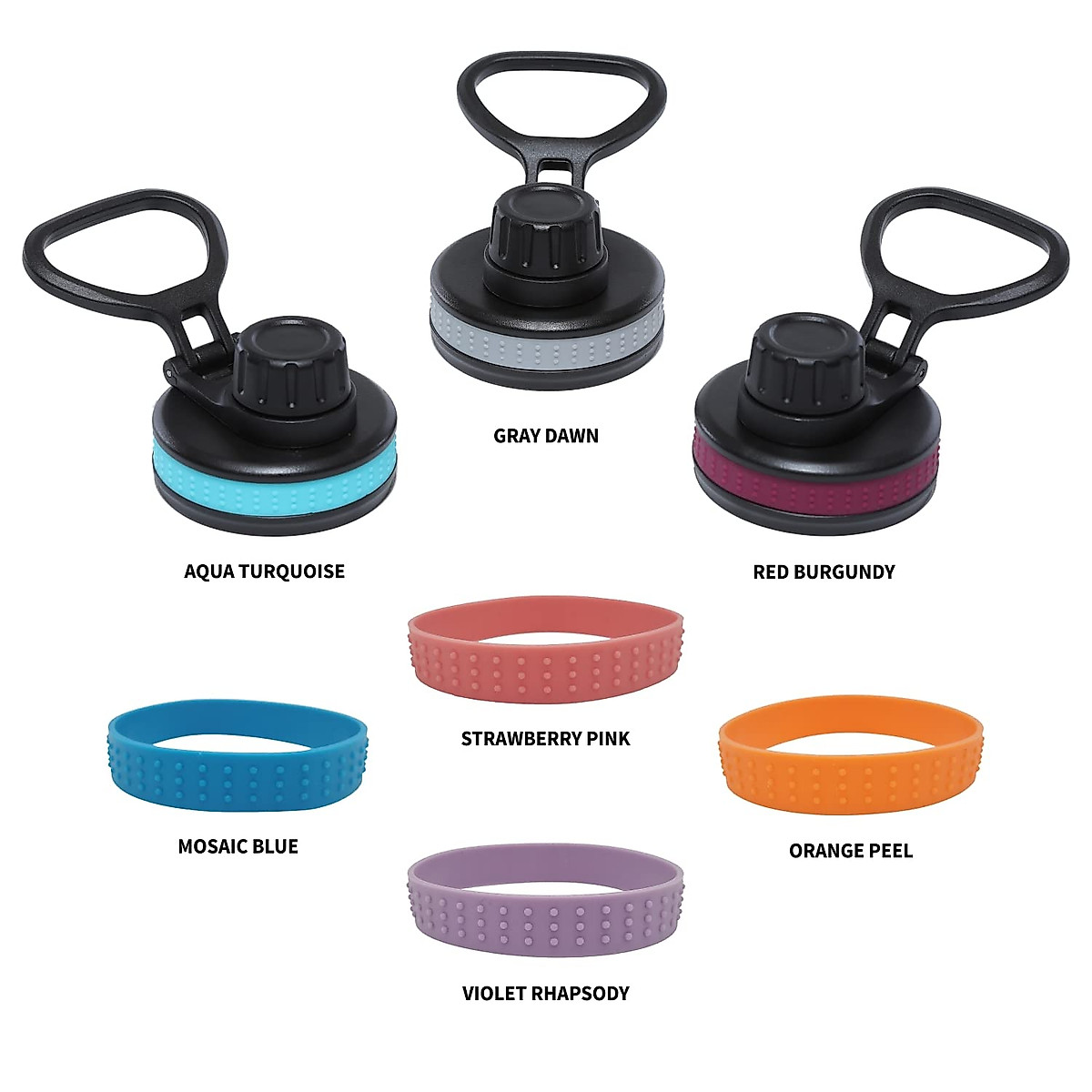 3 Spout Lids + 7 Color Bands for Flask Wide Mouth Thermo Bottle with mouth diameter of 2.26 inches - Replacement Lid Accessories, Easy to Carry Triangulated Shape