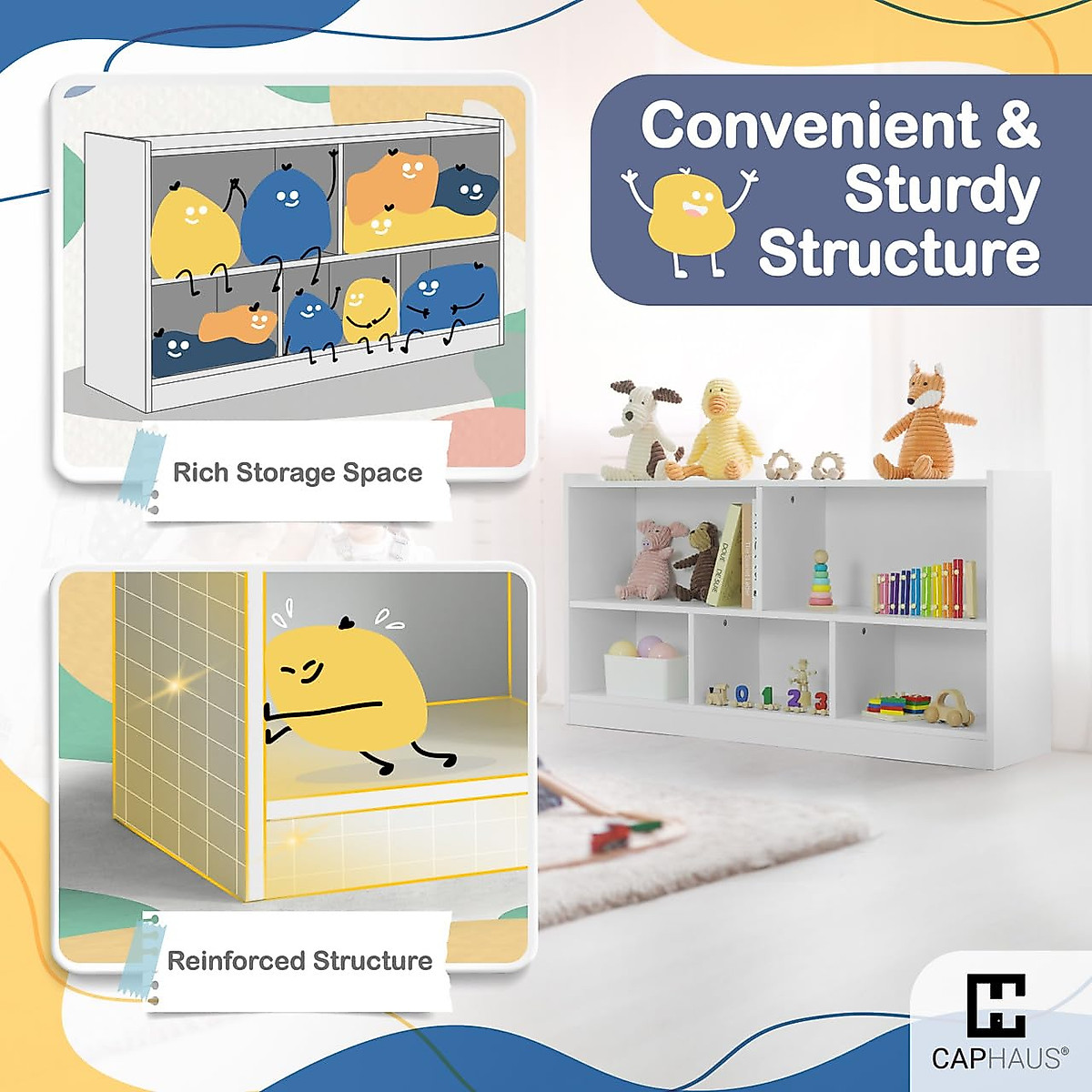 CAPHAUS 5 Cube Open Bookcase, Freestanding Bookshelf Organizer w/Storage, Horizontal Storage Shelves, Bookcase w/Open Compartments, Modern Display Shelf for Living Room, Bedroom, Home Office, White