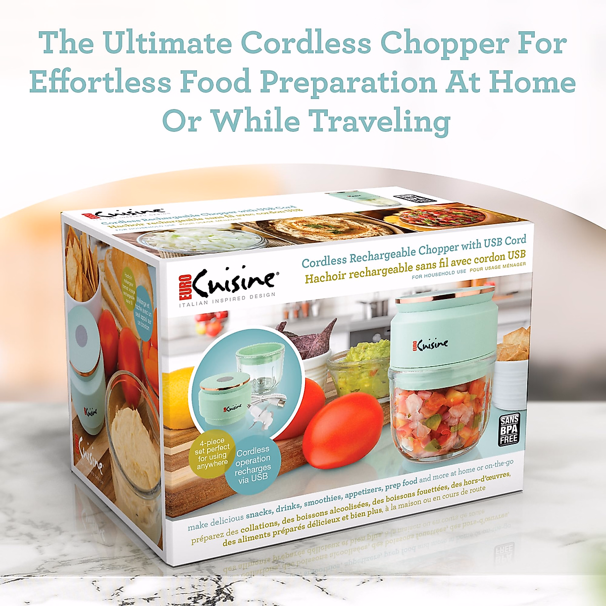 Euro Cuisine Mini Cordless/Rechargeable Chopper with USB Cord & Glass Bowl Electric Mini Garlic Chopper, Mini Food Processor 1 Cup, Mini Food Grinder, Mini Chopper Electric