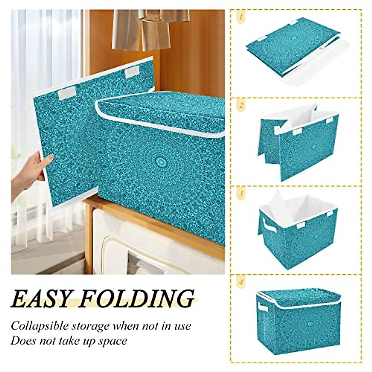 DOMIKING Teal Mandala Large Storage Bin with Lid Collapsible Shelf Baskets Box with Handles empty gift basket for Bedroom Living Room Kid's Room