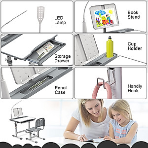 YBLFDY Kids Desk Multi Functional Kids Study Desk with 40 Degree Tilt-able Desktop Height Adjustable Kids School Desk for Kids,Children Desk Set as Christmas, Bithday Gift, Grey