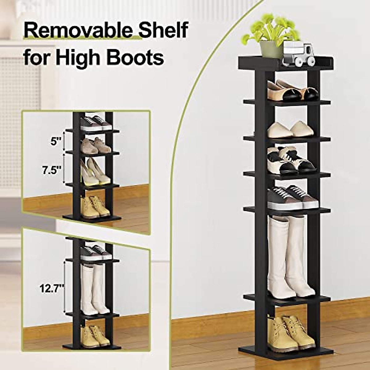 JEROAL Wooden Shoes Rack, 7 Tiers Entryway Vertical Narrow Tall Shoe Rack for Small Spaces, Stylish Shoe Tower Storage Organizer for Front Door Entryway Hallway Closet Bedroom