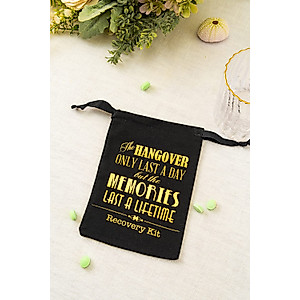 MEJOY 10 Pcs Bridal Shower Party Gift Bags, Black 5x7 Inch GOLD Foil "HANGOVERS", Bachelorette Hangover Kit Bags, Cotton Recovery Kit Bags Muslin Drawstring Bag for Bridal Shower Wedding Party Gift Decoration