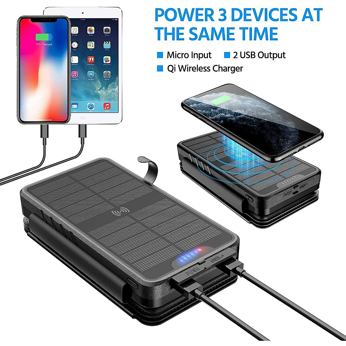 Solar-Charger-Power-Bank - 35800mAh with Dual 5V3.1A Outputs 10W Qi Wireless Charger Waterproof Built-in 4 Solar Panel and Bright Flashlights