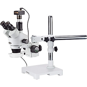 AmScope SM-3TZ-54S-5M Digital Professional Trinocular Stereo Zoom Microscope, WH10x Eyepieces, 3.5X-90X Magnification, 0.7X-4.5X Zoom Objective, 54-Bulb LED Light, Single-Arm Boom Stand, 110V-240V, Includes 0.5X and 2.0X Barlow Lenses and 5MP Camera with