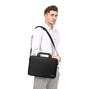 MOSISO Laptop Shoulder Bag Compatible with MacBook Air/Pro,13-13.3 inch Notebook,Compatible with MacBook Pro 14 inch 2023-2021,Polyester Briefcase with Front 3 Rectangle Separate Pockets & Belt, Black