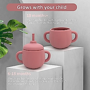 Santi & Me 2-1 Silicone Straw Cup for Baby, Spill-proof Sippy Cup for Babies 6-12-18 Month, Open Training Water Cups with Easy-Hold Handle, Baby Led Weaning Cups - BPA Free - 8.8oz (Dark pink)