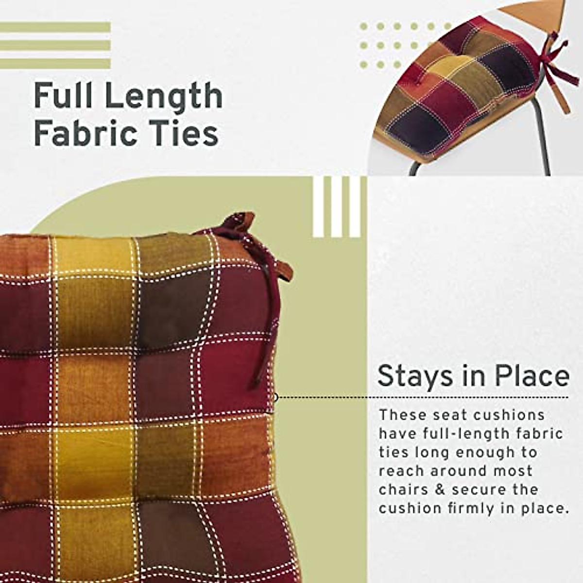 Arlee Home Fashions – Fiber Filled Premium Polyester, Chair Pads - Chair Pads with Tiebacks –16” L X 16” W – Multicolor - Set of 4