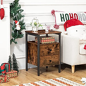 HOOBRO End Tables Set of 2, Bedside Table with 2 Drawers and Storage Shelves, Side End Table, Nightstands for Living Room, Bedroom, Accent Furniture, Easy Assembly, Rustic Brown and Black BF43BZP201G2