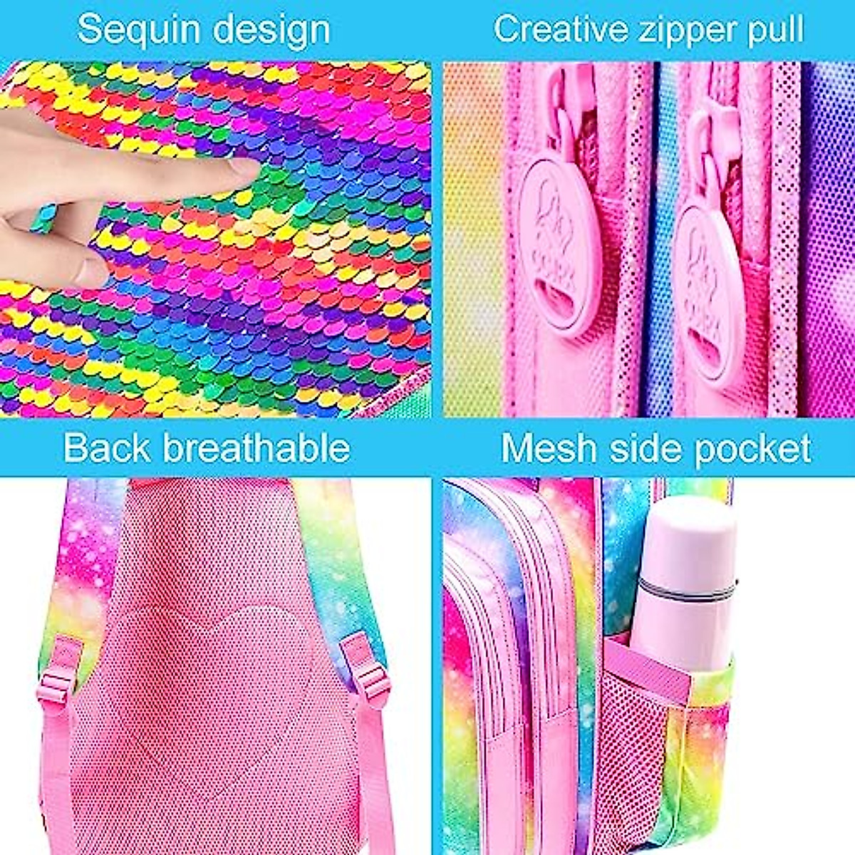 gxtvo 3PCS Girls Backpack, 16" Unicorn Rainbow Sequin Preschool Elementary Bookbag and Lunch Box