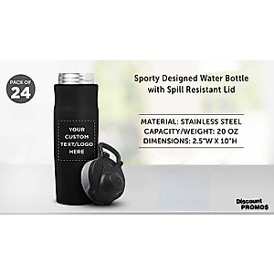DISCOUNT PROMOS Custom Juno Water Bottles with Flip Lid 20 oz. Set of 24, Personalized Bulk Pack - Reusable, Great for Gym, Hiking, Cycling and for School - Black