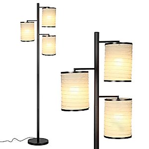 Brightech Liam Floor Lamp, Great Living Room Décor, Tall Tree Lamp for Offices, Asian Lantern Shade Lamp for Living Rooms, Standing Lamp with 3 LED Light Bulbs for Bedroom Reading - Black