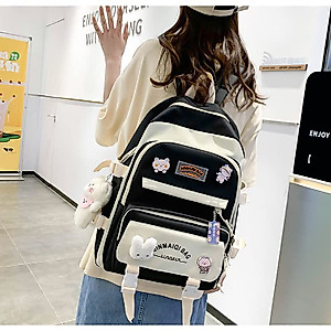 Donloise 5Pcs Kawaii Backpack with Aesthetic Pin Accessories Cute Laptop Ita Bag for Back to School Stationary Supplies (Black)