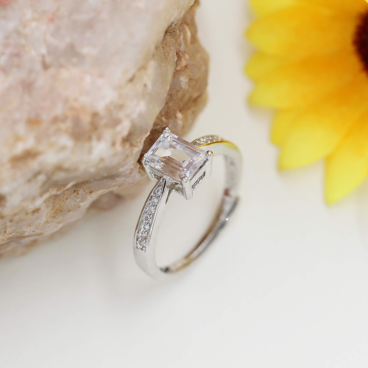 T Brand Silver Color Emerald Cut Cubic Zirconia Rectangular CZ Solitaire Wedding Promise Engagement Ring Adjustable for Women Y1210