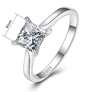 AVECON 1.5 Carat Princess Cut Cubic Zirconia Ring 925 Sterling Silver Solitaire Engagement Wedding Rings for Women SIZE 6.5